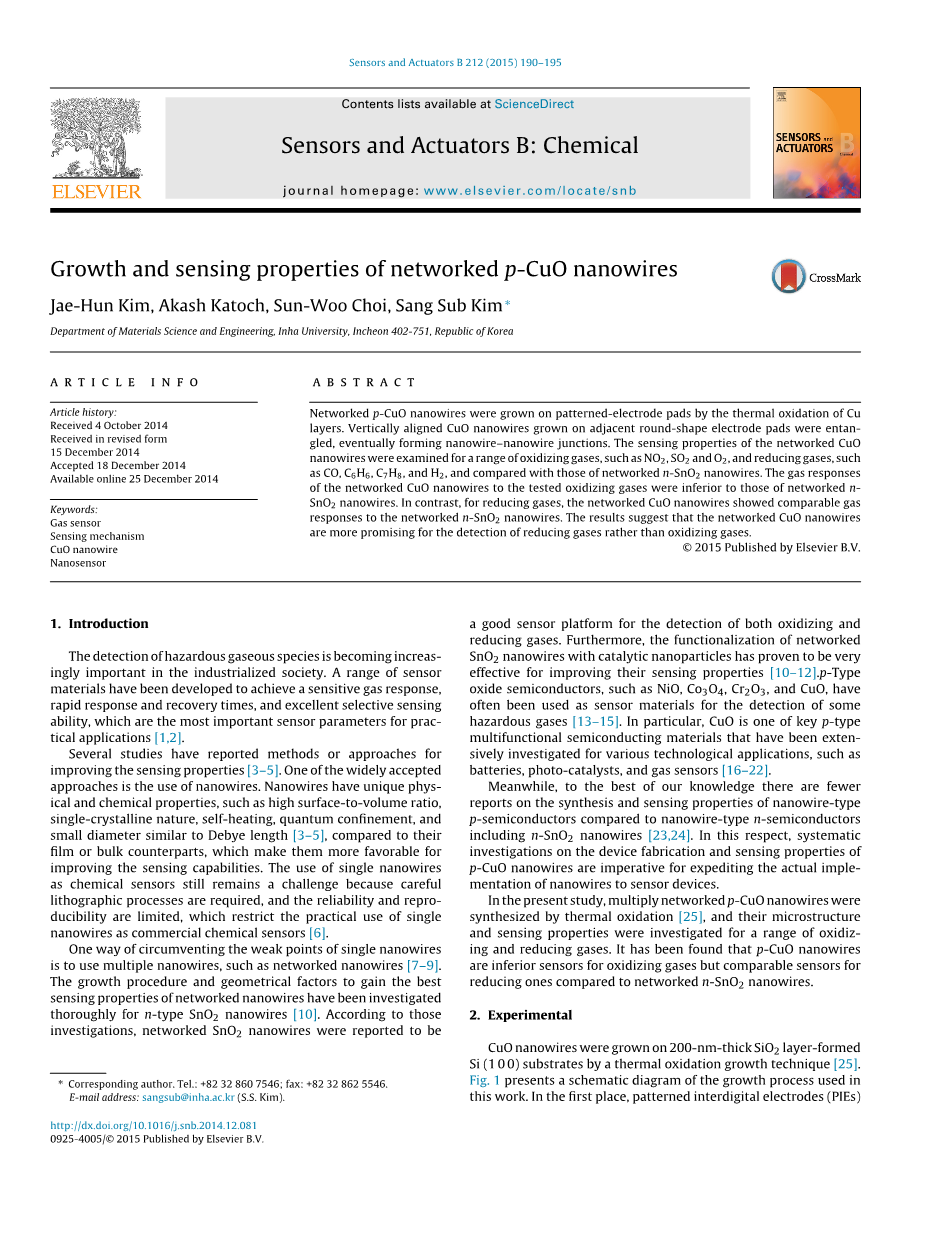 网络化p型CuO纳米线的生长机理和传感特性的研究外文翻译资料-外文翻译网