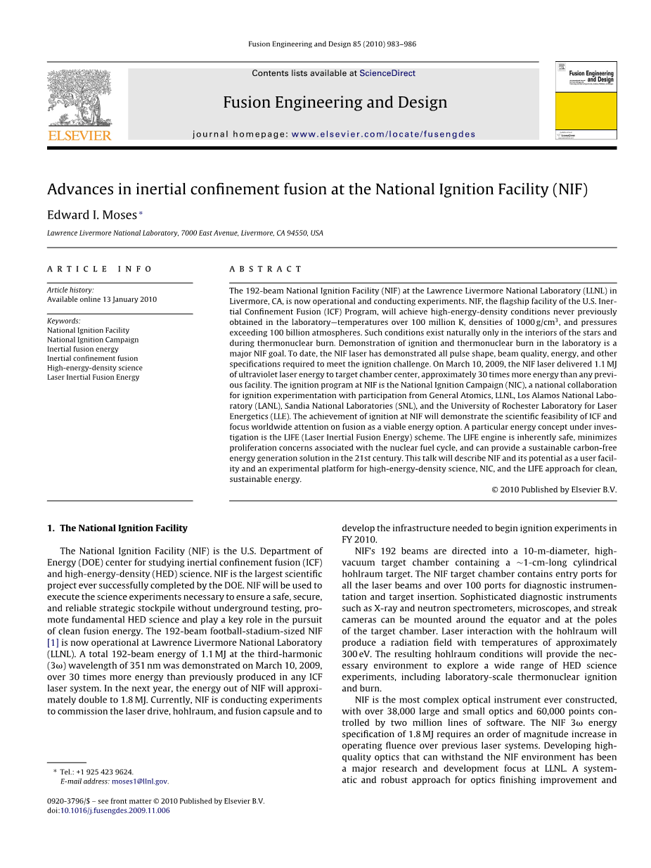 国家点火装置(NIF)惯性约束聚变的进展外文翻译资料-外文翻译网