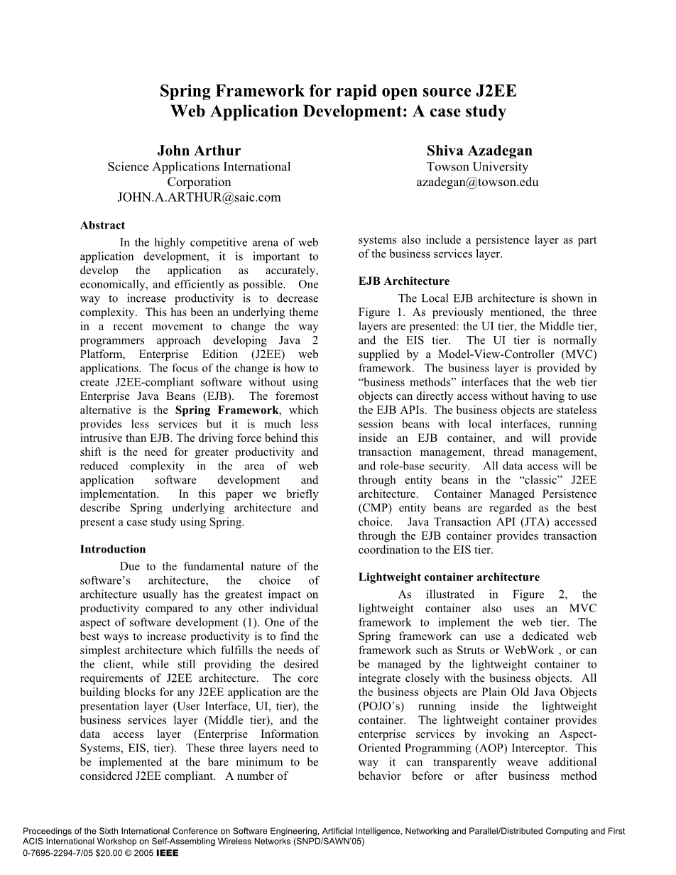 快速开放源代码J2EE的Spring框架Web应用程序开发：一个案例研究外文翻译资料-外文翻译网