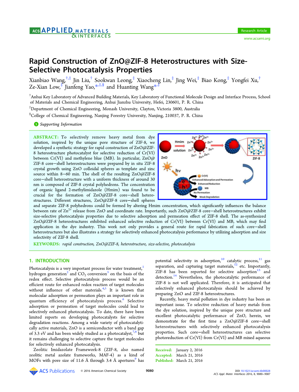 快速合成具有大小选择性光催化的ZnO@ZIF‑8异质结构外文翻译资料-外文翻译网