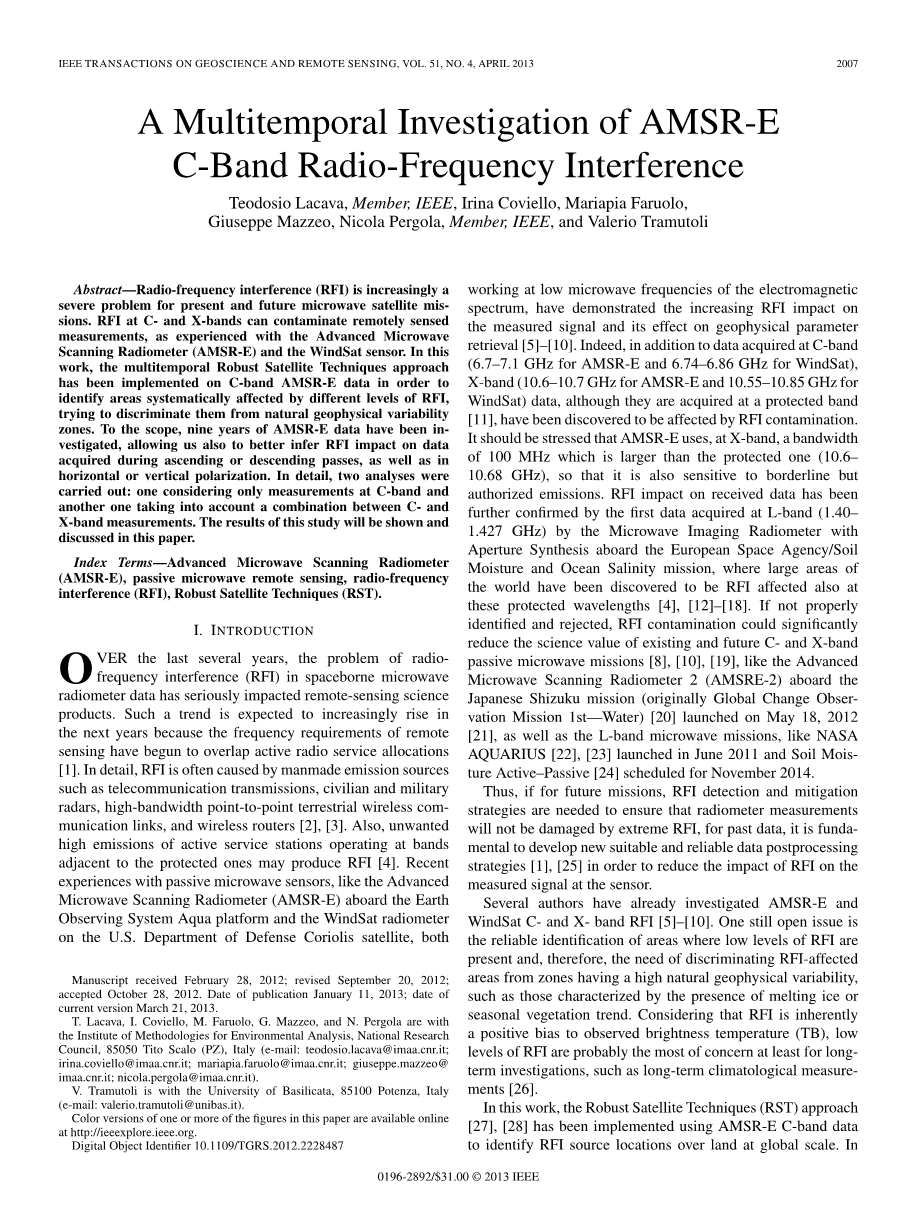 AMSR-E C波段的无线电频率干扰信号的多瞬时调查外文翻译资料-外文翻译网