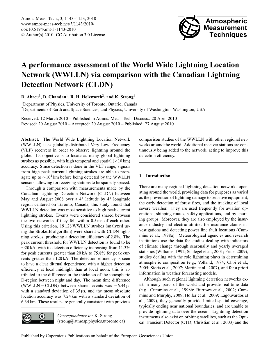 全球闪电定位网络(WWLLN)与加拿大闪电探测网络(CLDN)性能数据的对比分析外文翻译资料-外文翻译网