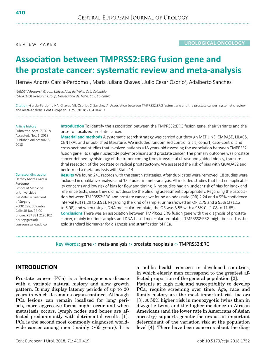 TMPRSS2：ERG融合基因与前列腺癌之间的关联：系统评价和荟萃分析外文翻译资料-外文翻译网