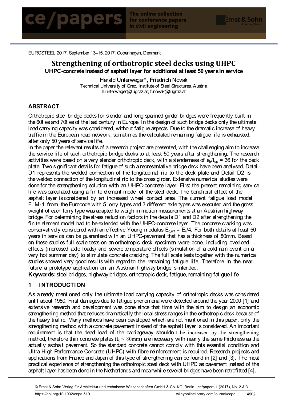 超高性能混凝土（UHPC）加固正交异性钢桥面板UHPC混凝土代替沥青层至少可额外多使用50年外文翻译资料-外文翻译网